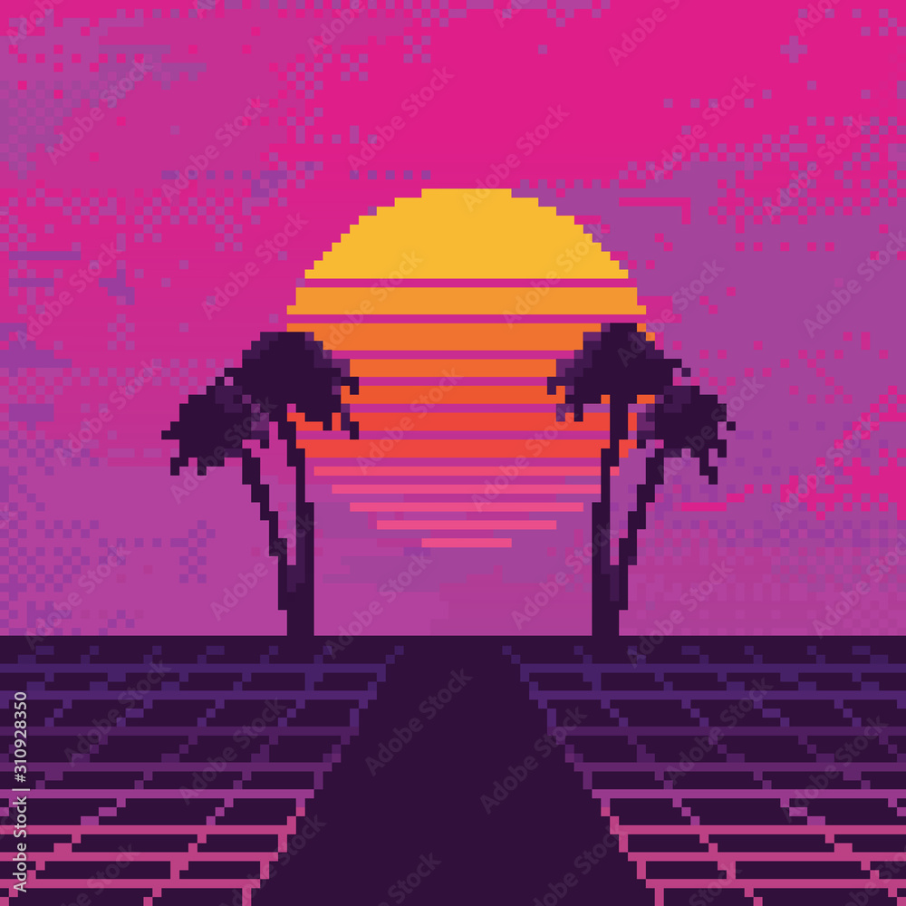Vector pixel art of 80s Retro sci-Fi background. Synthwave, Vaporwave ...