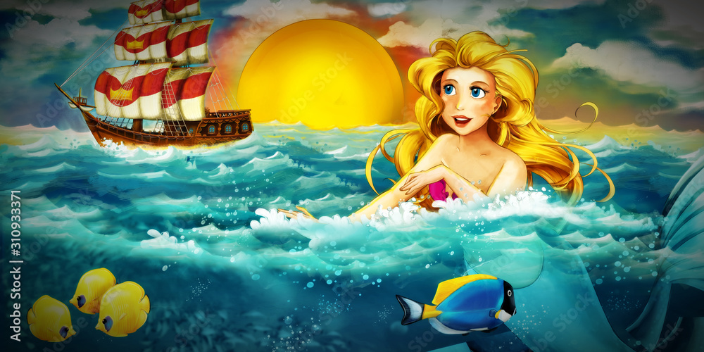 Cartoon ocean and the mermaid in underwater kingdom swimming with ...