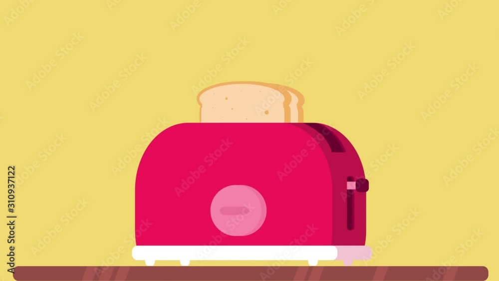 A toaster is on the table. Toasted bread slices jump out of the toaster. Sandwich toasts. Flat ...