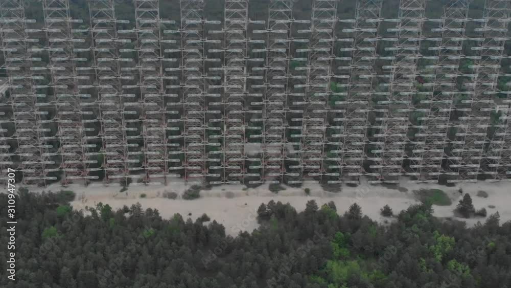 Wide aerial view shows massive size of Duga radar system near Chernobyl ...
