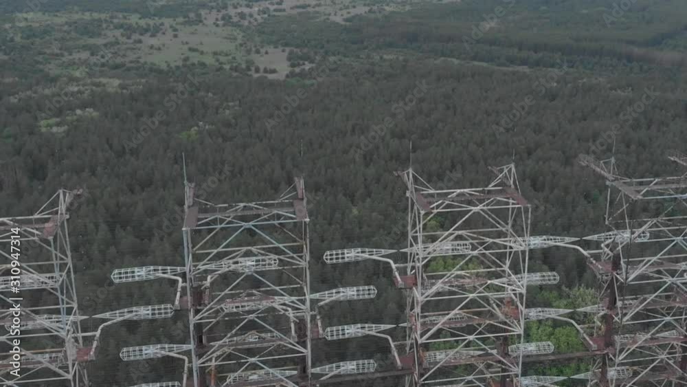 Aerial view of landscape and over the horizon Duga radar antenna near ...