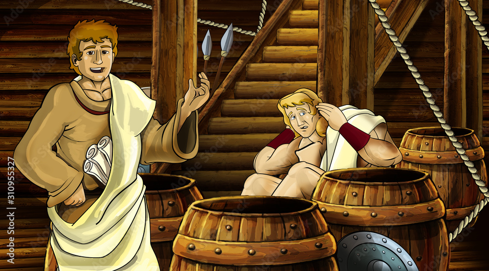 cartoon scene with roman or greek ancient character inside wooden ship ...