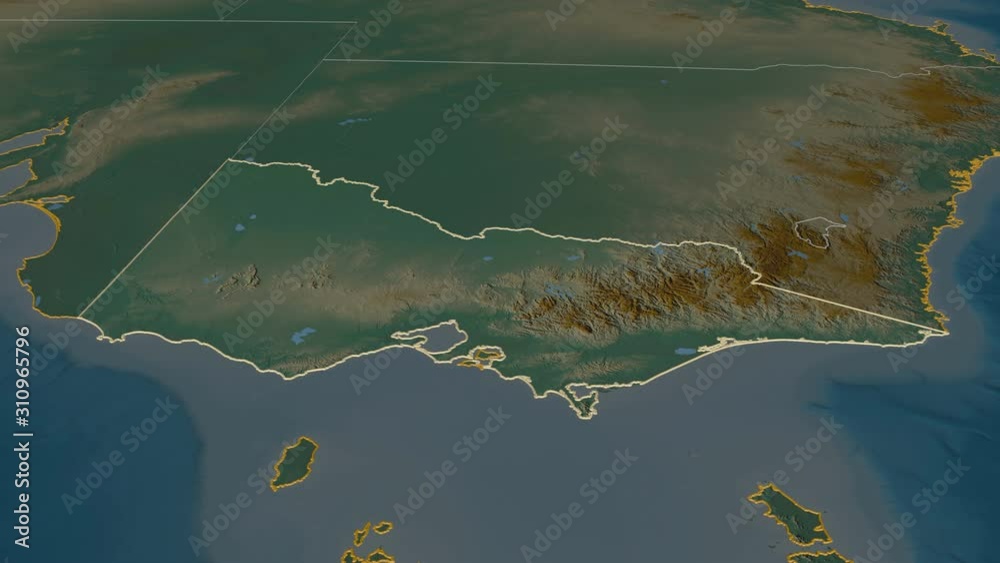 Victoria, state with its capital, zoomed and extruded on the relief map ...