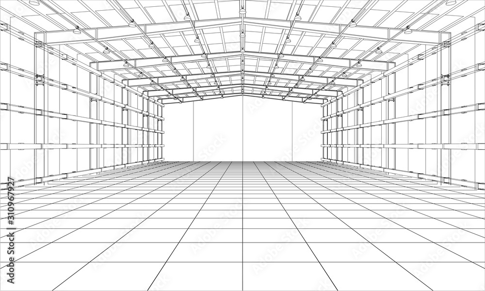 Drawing or sketch of a large warehouse. Vector Stock Vector | Adobe Stock
