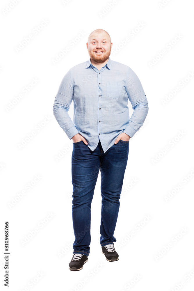 Smiling fat redhead man with a full length beard. Isolated over white ...