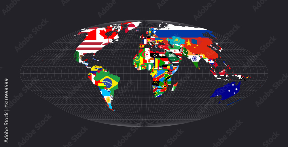 Worldmapwith flags of each country. Pseudocylindrical equal-area Goode ...