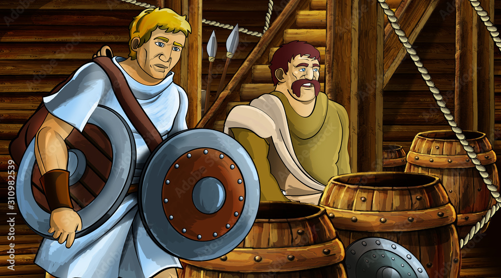 cartoon scene with roman or greek ancient character inside wooden ship ...