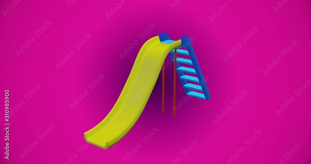 Big Plastic toy slide isolated on a fuchsia background, yellow and blue ...