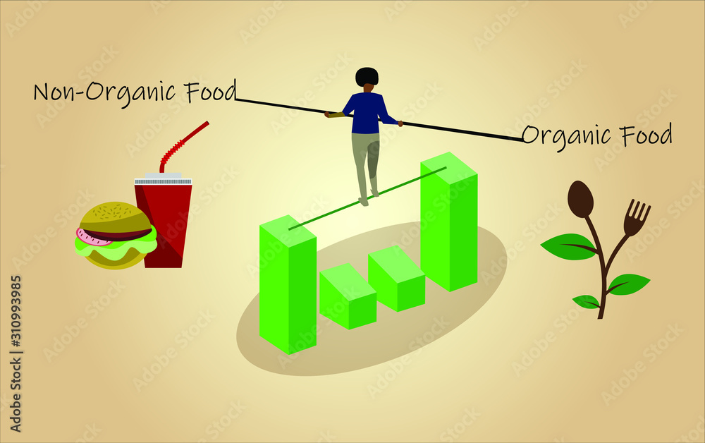 Vecteur Stock balance between organic and non-organic food. A woman who ...