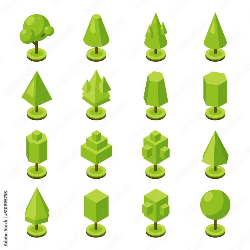 Set of 3d isometric stylized green trees. City plants collection. Ball ...