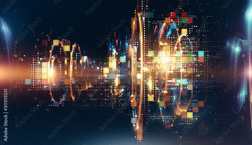 3d abstract tech background. Floating Numbers HUD Background. Matrix particles grid virtual ...