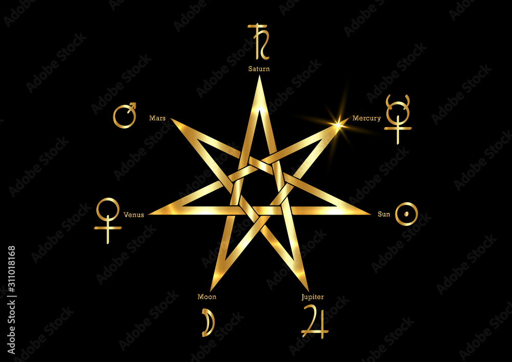 Planetary Ritual of the gold Heptagram, vector isolated on black ...