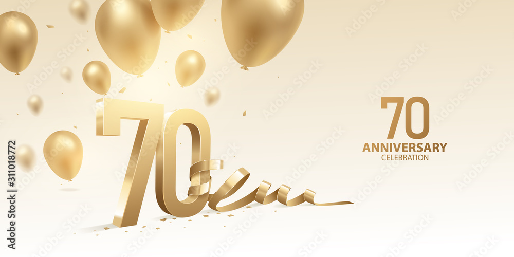 70th Anniversary celebration background. 3D Golden numbers with bent ...