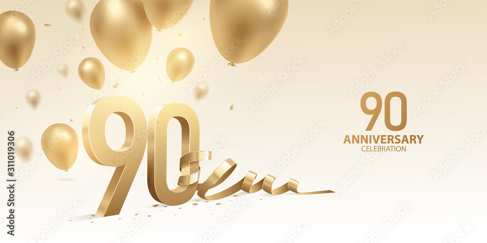 90th Anniversary celebration background. 3D Golden numbers with bent ...