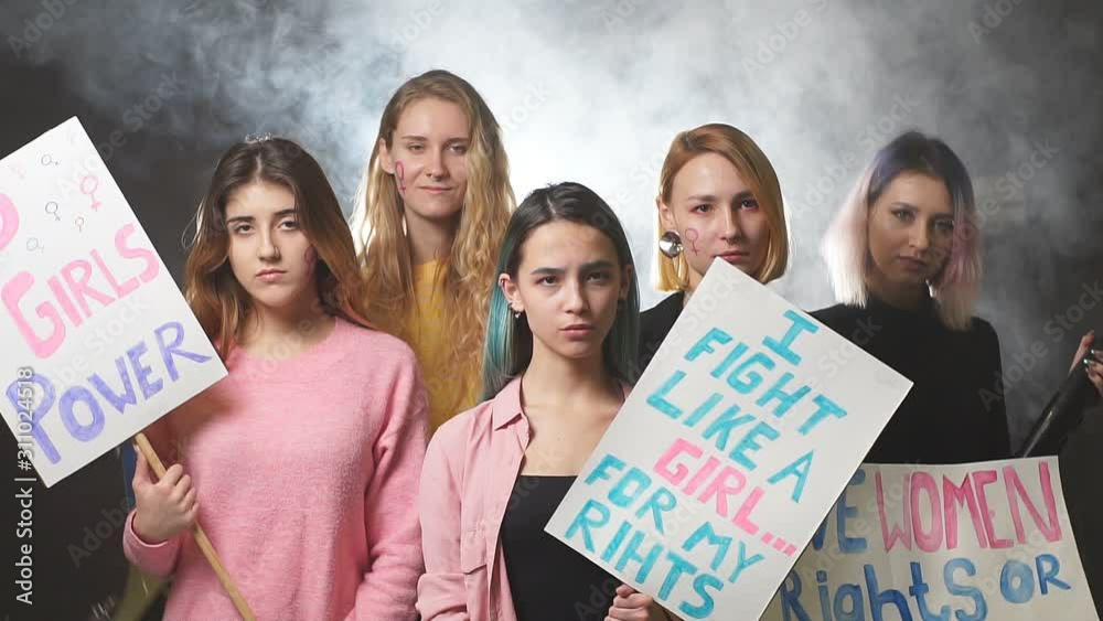 Portrait of five angry feminists girls of caucasian appearance ...
