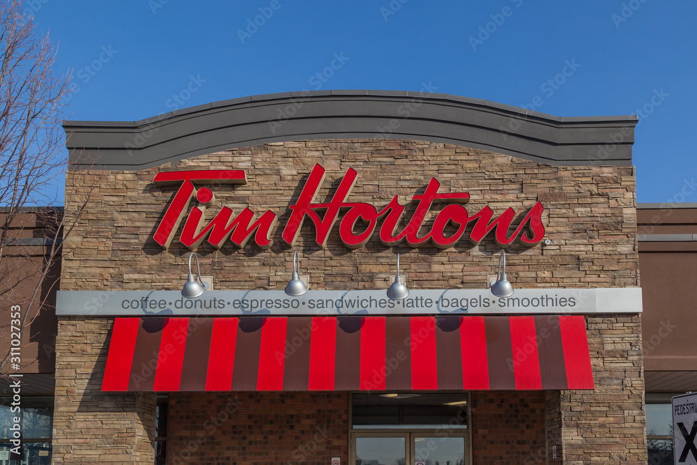 TORONTO, CANADA - JANUARY 19, 2018: Sign of Tim Hortons, a Canadian ...