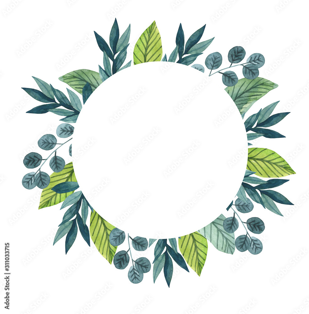 Watercolor botanical round frame. Green twigs. Wreath. Wedding ...