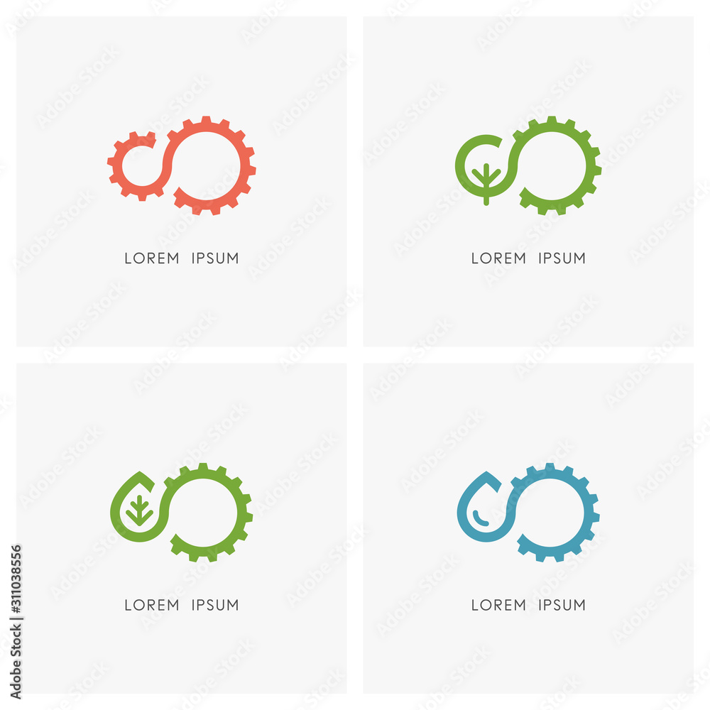 Industry and nature logo set. Gear wheel or pinion, green tree, leaf ...