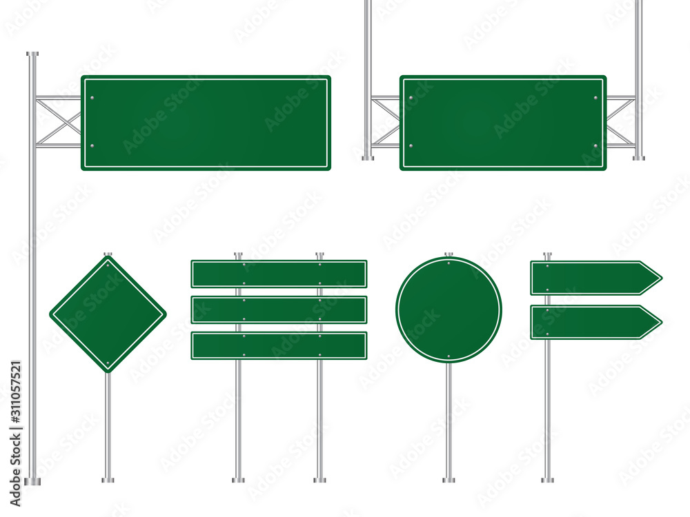 Set of green road traffic signs. Direction plate for street. Blank ...