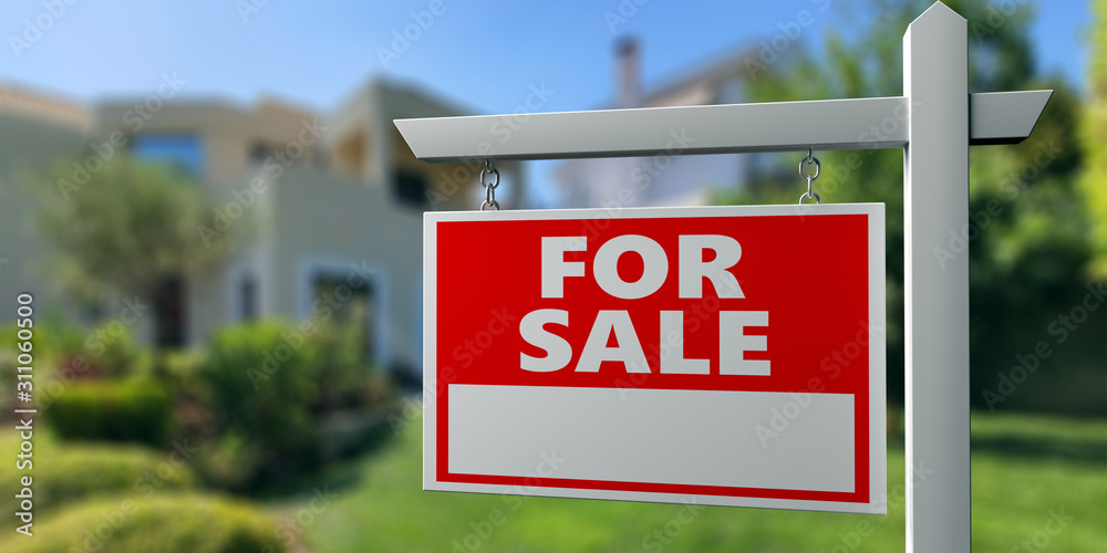House for sale wooden placard. Real estate text sign red color on blur ...