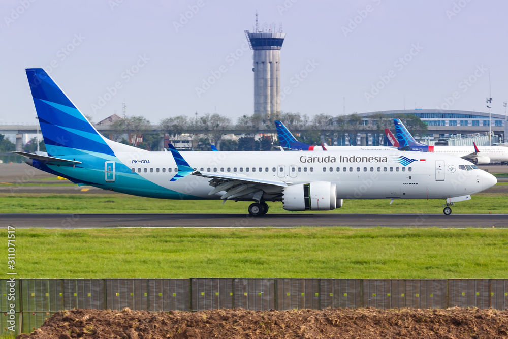Garuda Indonesia Boeing 737 MAX 8 airplane Jakarta airport Stock Photo ...