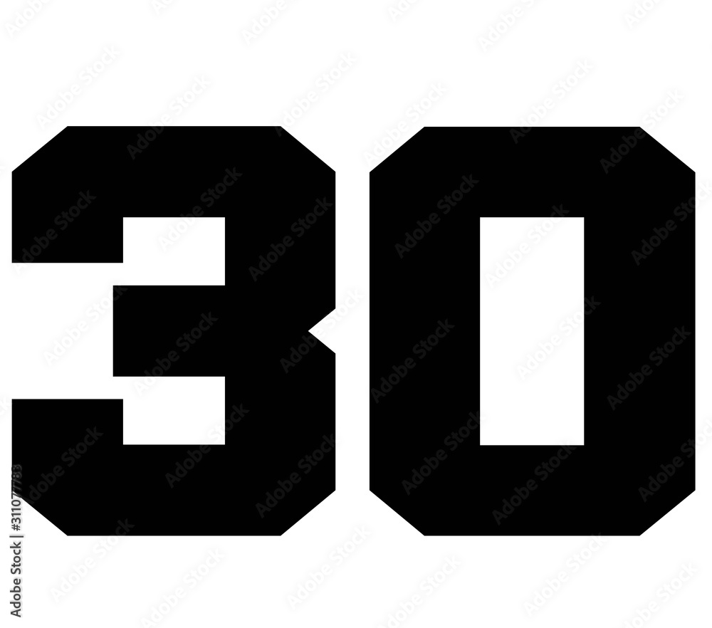 30,Classic Vintage Sport Jersey Number, Uniform numbers in black as fat ...