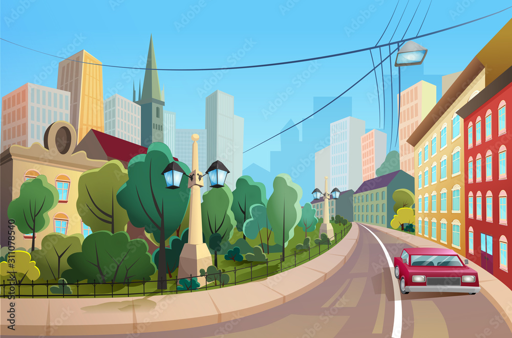 City street in summer vector illustration. Cartoon flat panoramic urban ...