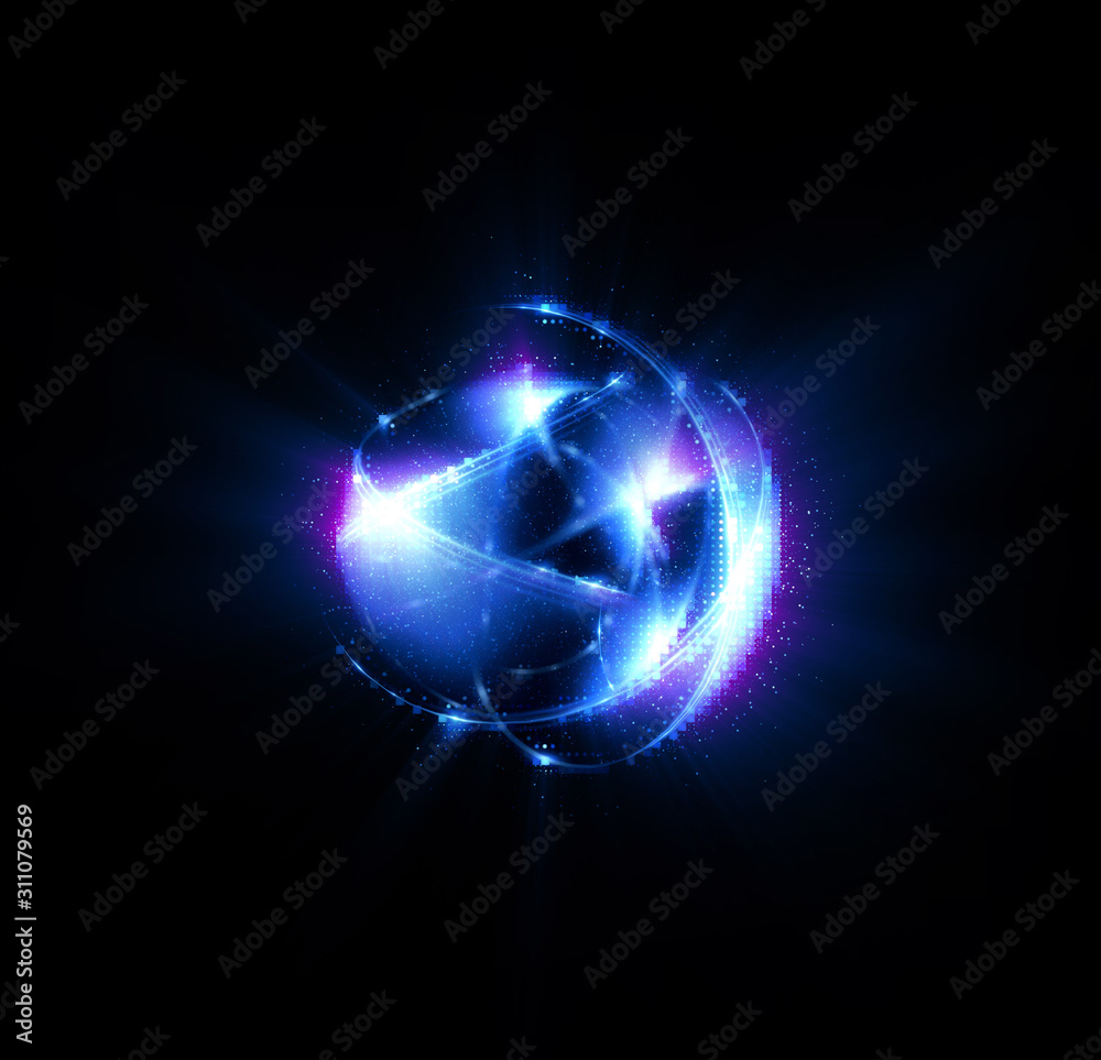 3D Atom icon. Luminous nuclear model on dark background. Glowing energy ...