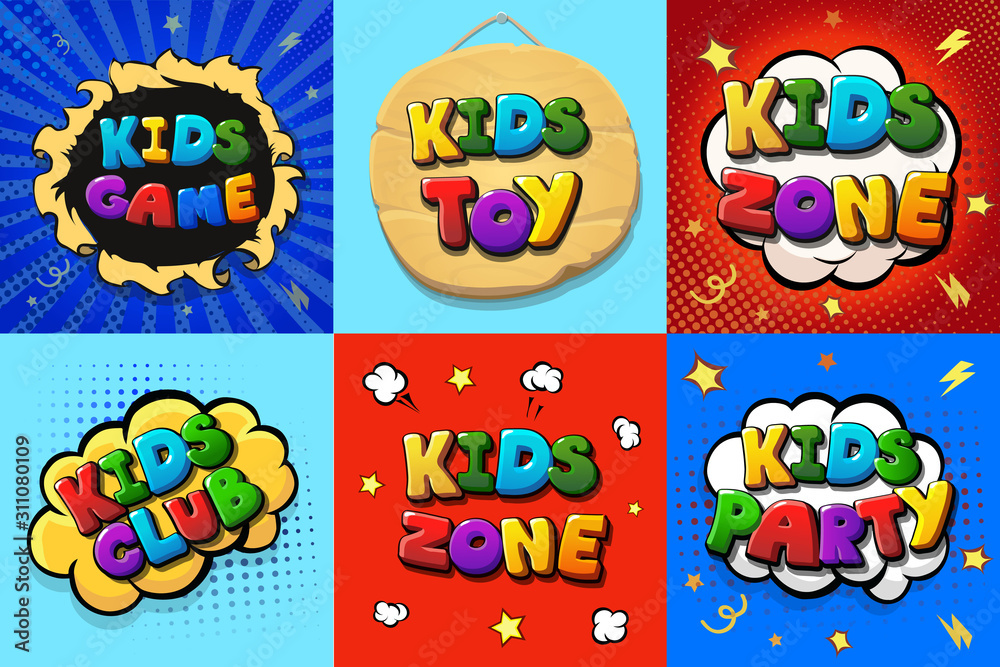 Kids zone logo set.. Kids club catoon posters. Toys fun playing zone ...
