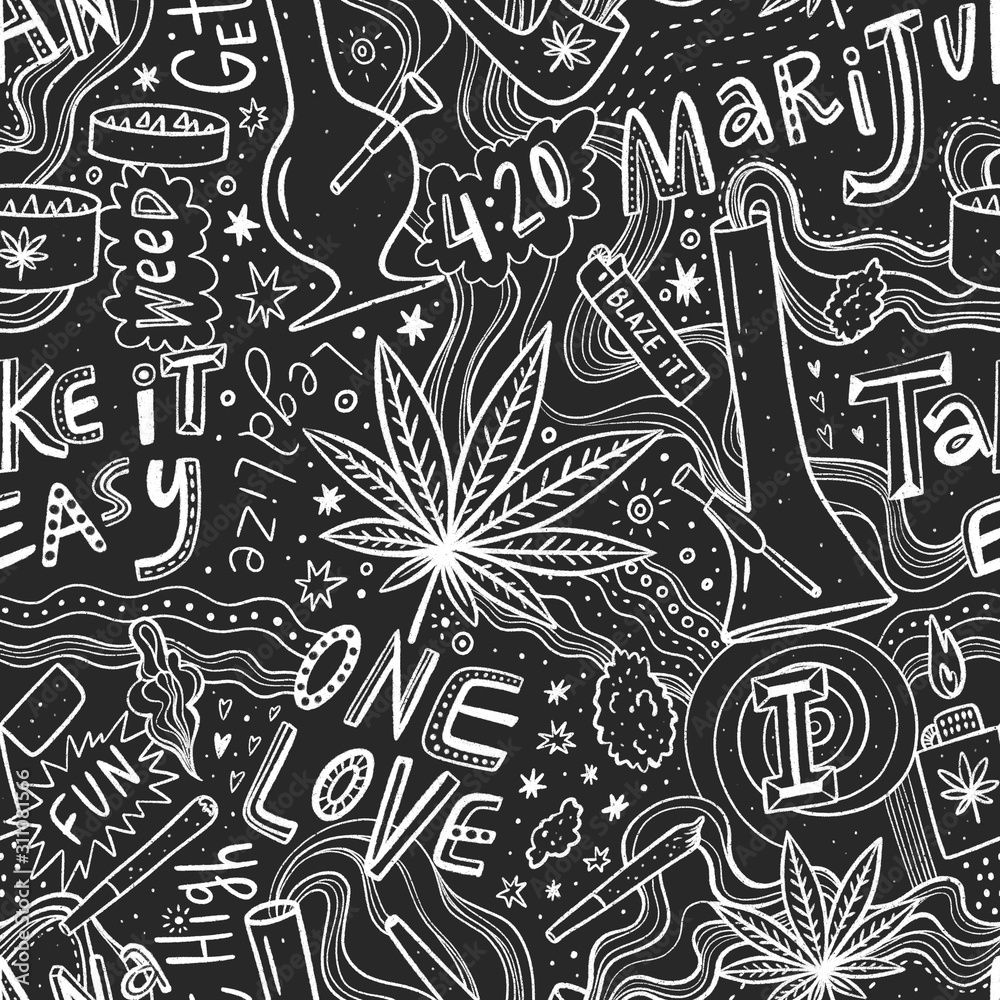 Hand drawn doodle seamless pattern with cannabis equipment and weed ...