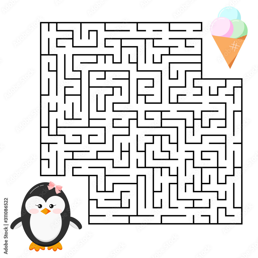 Maze game - labyrinth with cute cartoon penguin girl and ice cream for ...