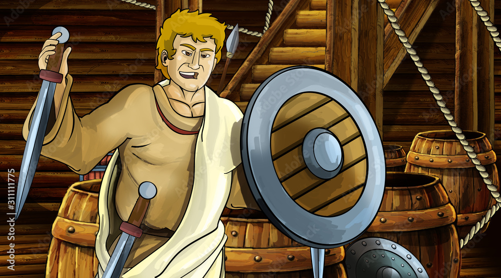 cartoon scene with roman or greek ancient character inside wooden ship ...