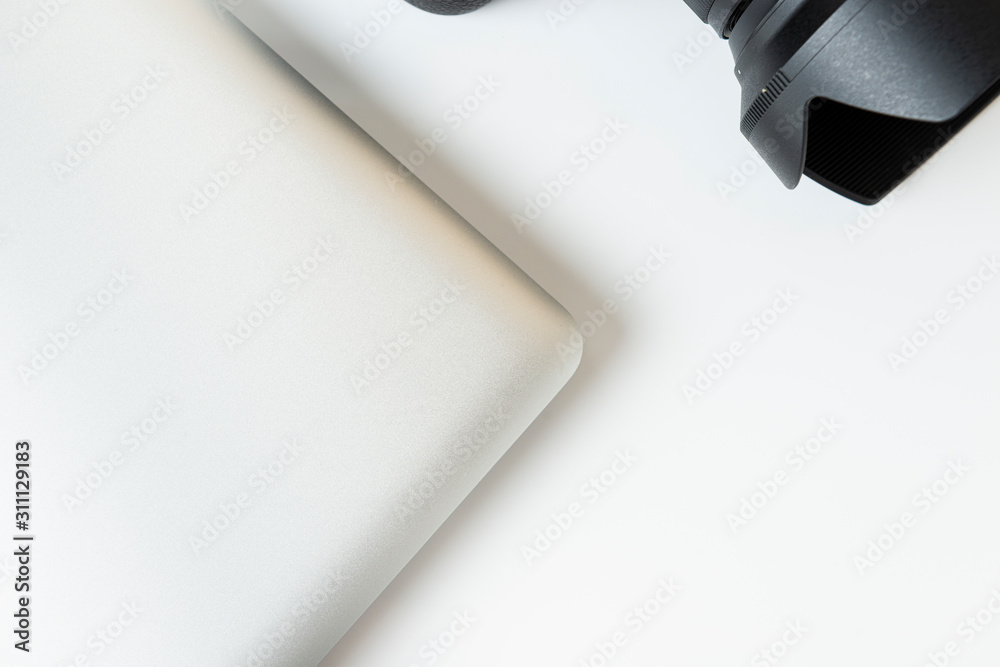 Crop from left Aluminium Modern Laptop and camera crop with blank black ...