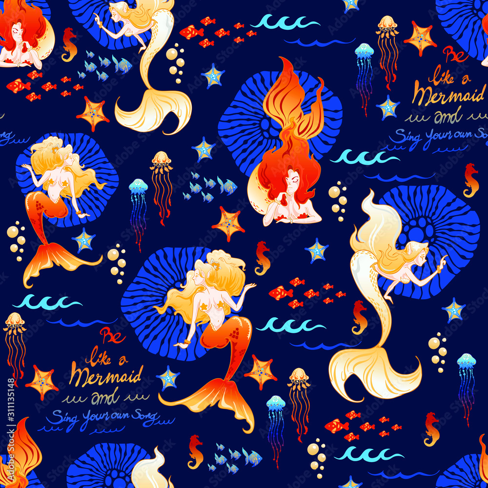 mermaid fish jellyfish coral doodle illustration with goldfish color ...