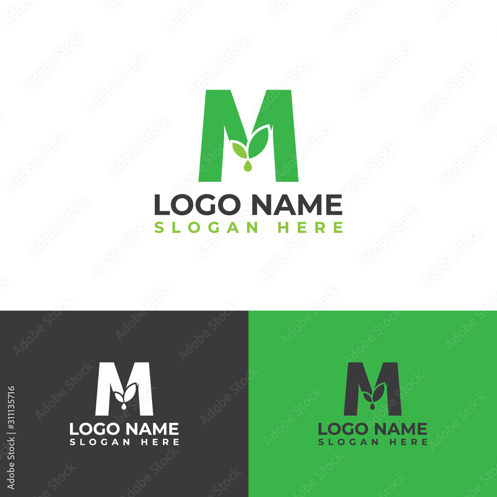 Initial M letter leaves with water droplets. Minimalist and modern ...