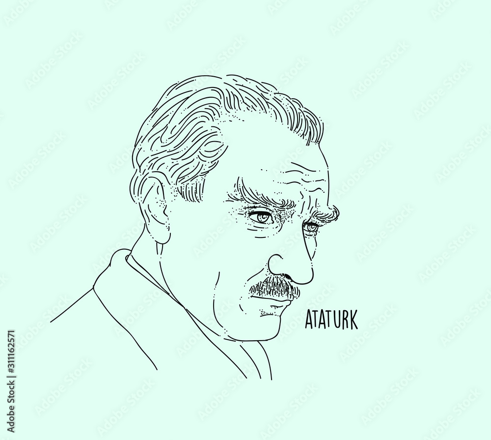 Mustafa Kemal Ataturk Line Art Portait Hand Drawing Stock Vector ...
