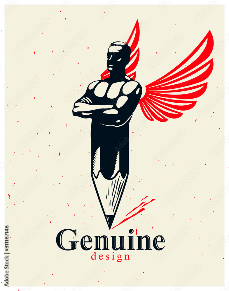 Strongman muscle man combined with pencil and wings into a symbol ...