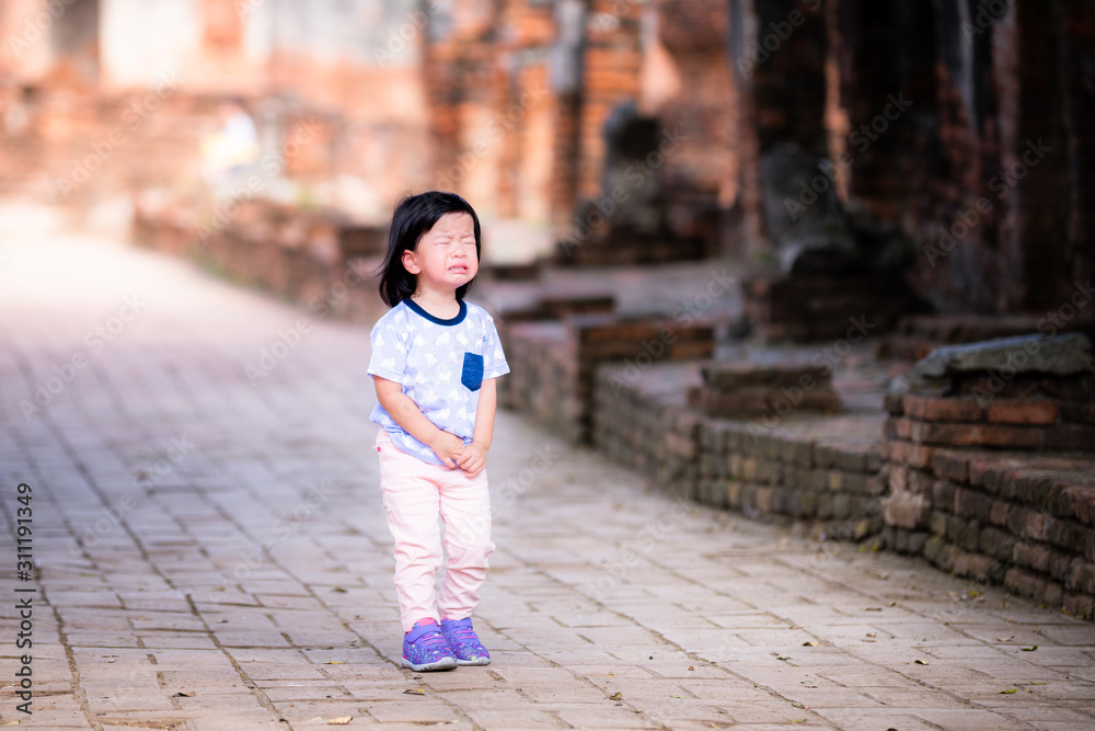 Little child girl walking crying for mother, lost child, children ...
