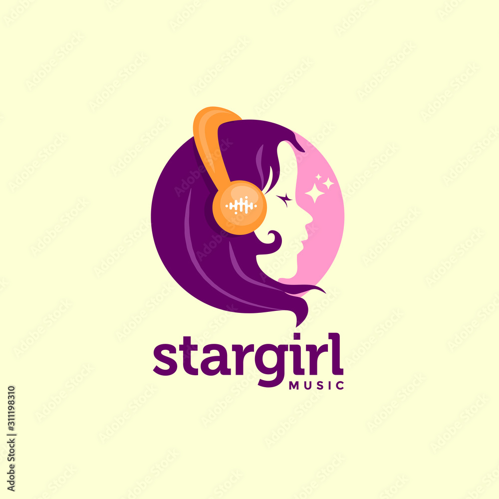 Young girl with headphones and star. Musical Theme Logo Vector ...