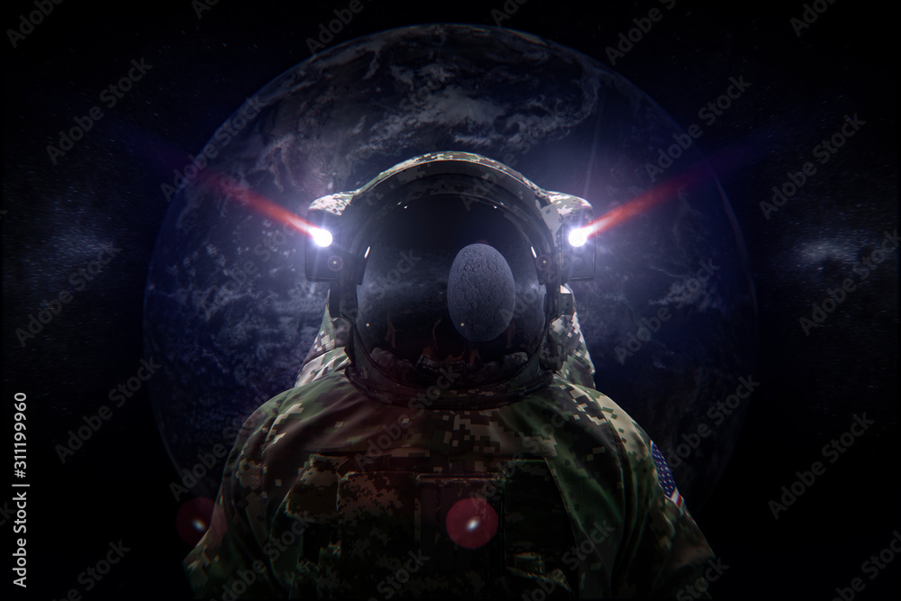 Space Force soldier in camouflage suit with planet earth in the ...