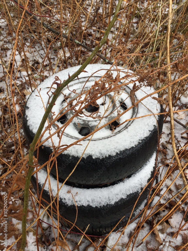 Discarded Tires, Old abandoned wheels in a field polluting the earth environment Stock Photo ...