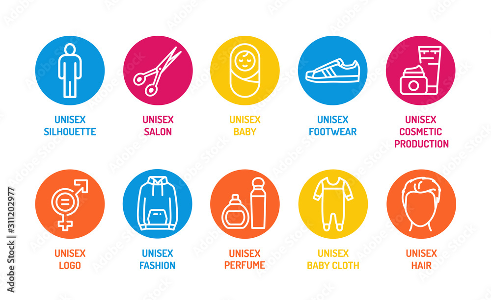 Unisex line color icons set. Fashion, clothes, cosmetic production ...
