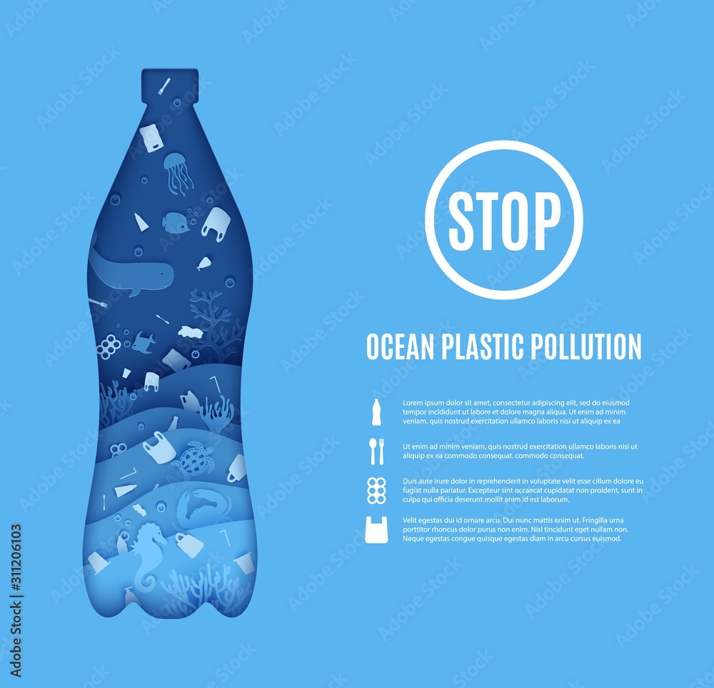 Stop ocean plastic pollution banner design template in paper cut style ...