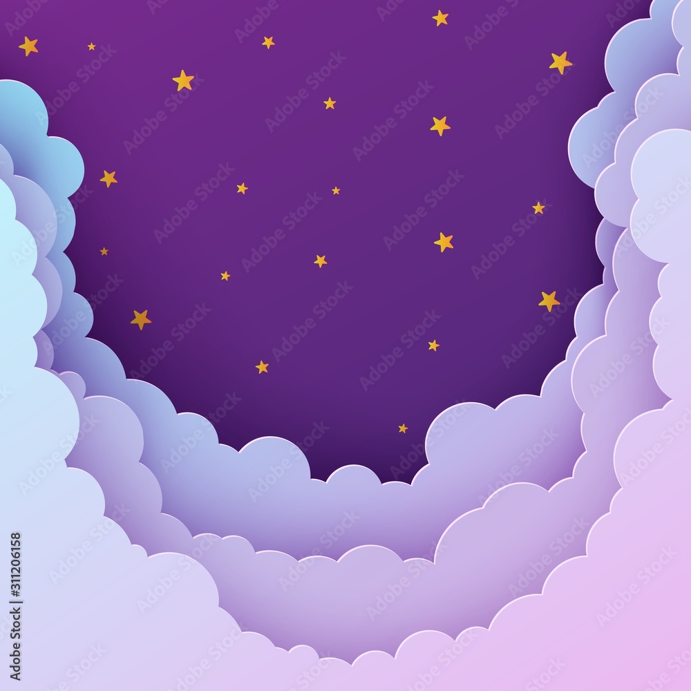 Night sky flyer in paper cut style. Cut out 3d background with violet ...