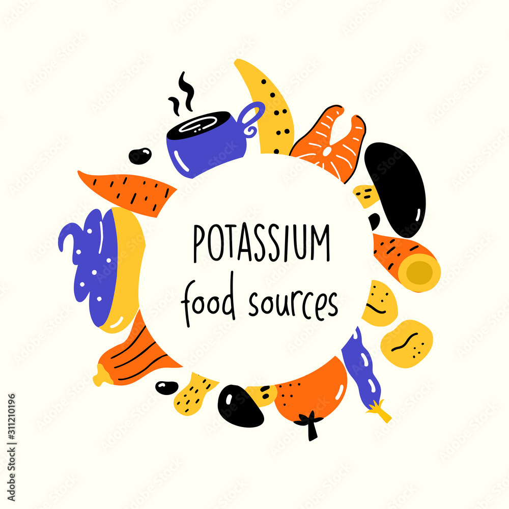 Potassium food sources. Vector cartoon illustration of potassium rich ...