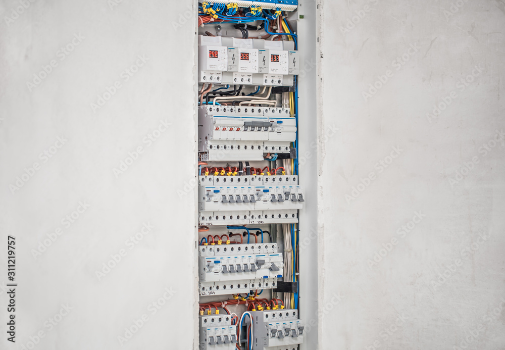 Electrician, switchboard with fuses. Connection and installation in the ...