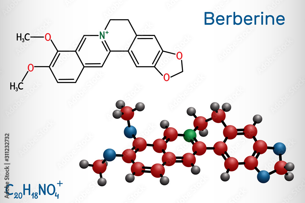 Berberine C20H18NO4, herbal alkaloid molecule. Structural chemical ...