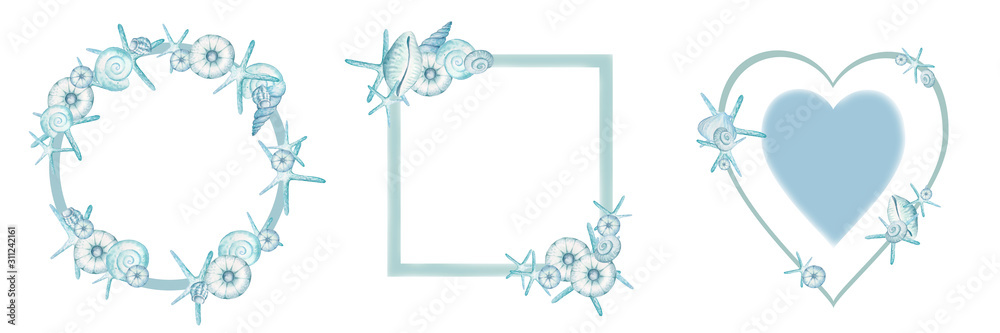 Set of shell frames. Frame templates with watercolor shells in the ...