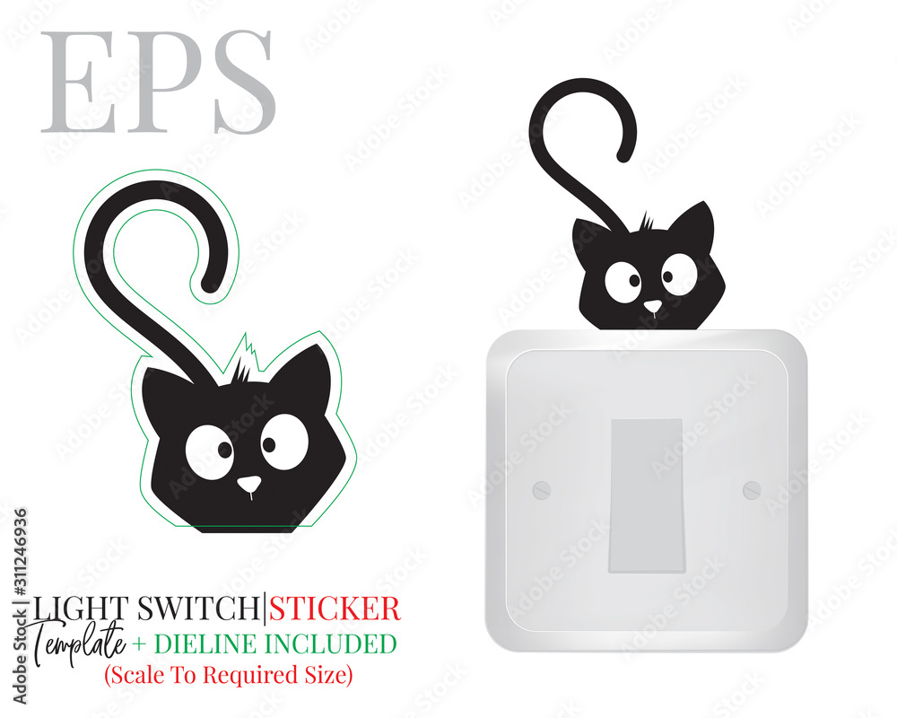 Light switch sticker, cute cat silhouette, vector. Kitten illustration ...