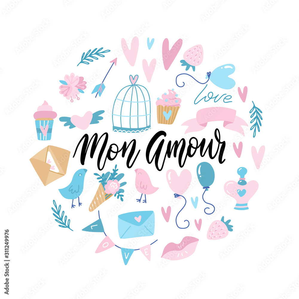 Love lettering Mon amour calligraphic font. Vector illustration with ...